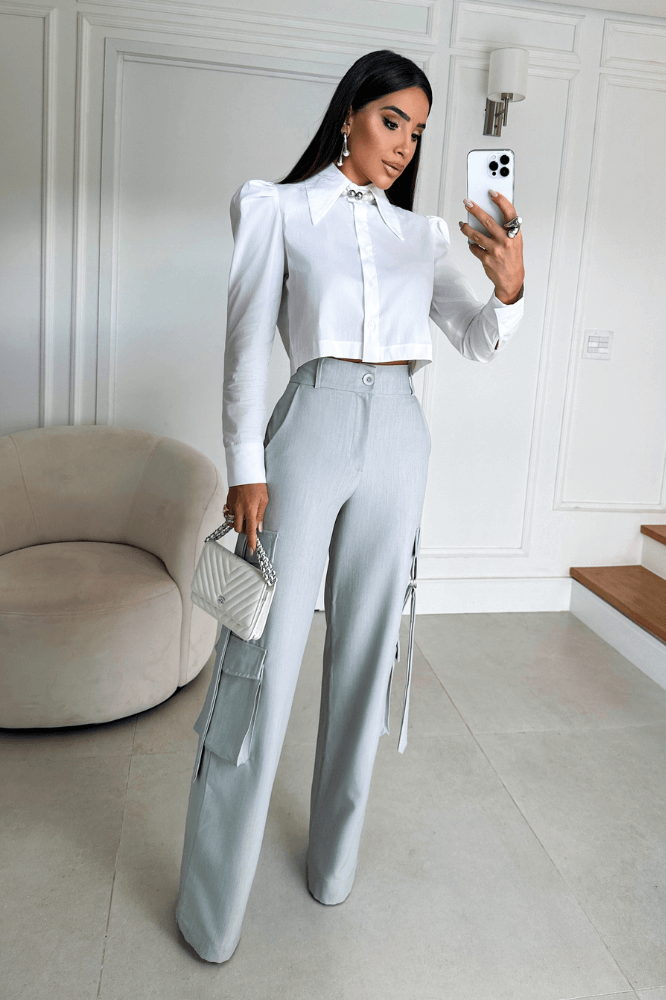 Calça Pantalona Cargo Bolso Faca Cintos Laterais Pence Alfaiataria Two ...