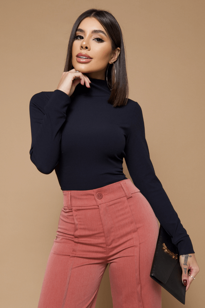 Blusa Gola Alta Manga Longa Basic Canelado Rib Twins Valéria Preto | Compre Online